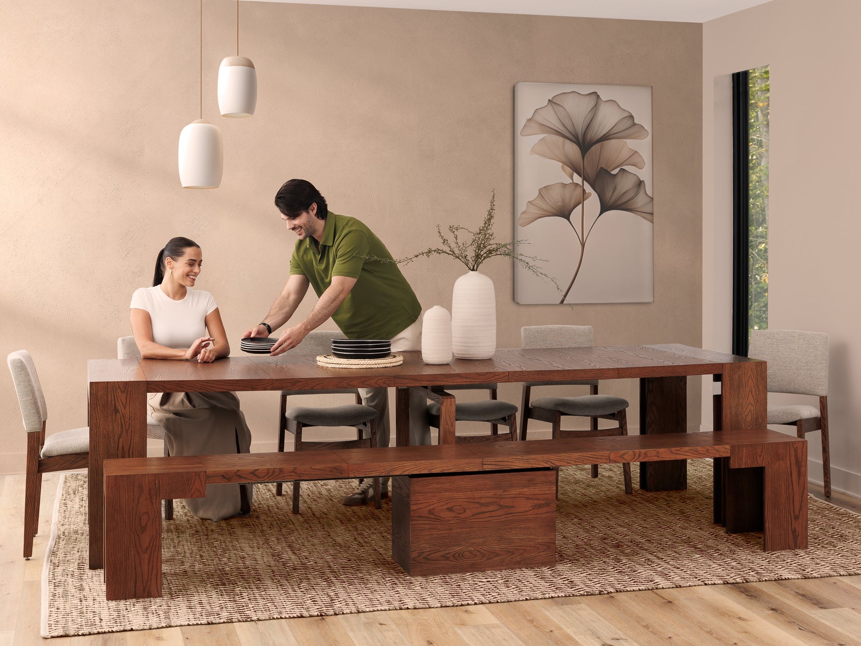 Extendable Dining Table Set with Bench and Chairs | Transformer Table