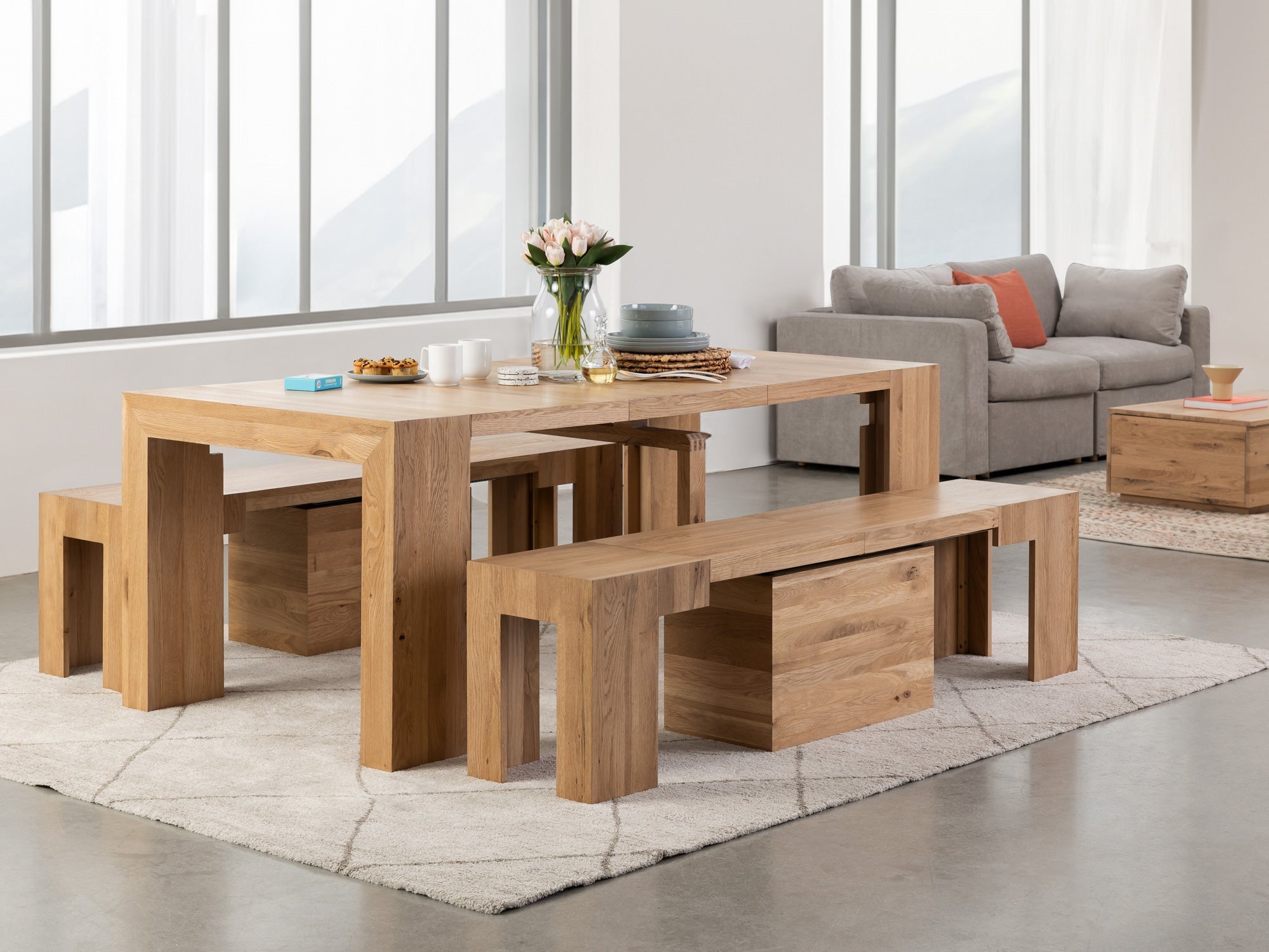 Extendable Dining Table Set with 2 Benches | Transformer Table